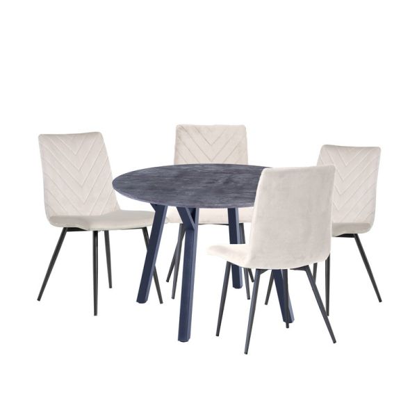 1.1m Concrete Grey Round Dining Table and 4 Taupe Velvet Chairs - MDF/Iron