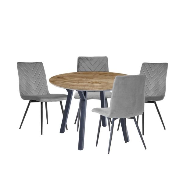 1.1m Oak Finish Round Dining Table and 4 Grey Velvet Chairs - MDF/Iron